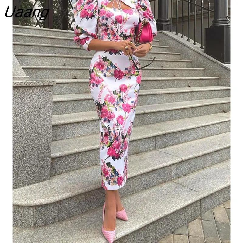 Uaang Women Puff Sleeve Floral Print Frill Hem Cutout Tied Detail Dress