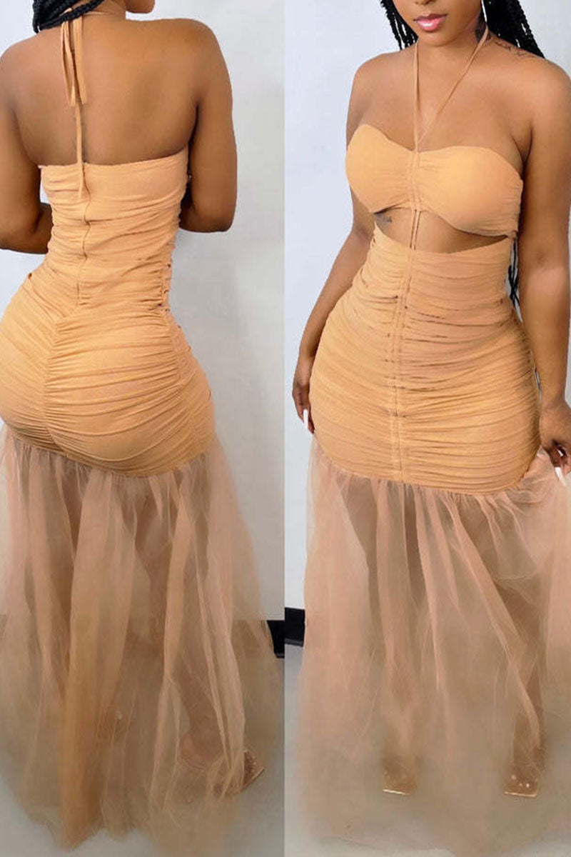 Sexy Solid Hollowed Out Split Joint Backless Halter Mesh Dress Dresses