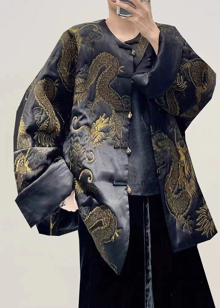 Vintage Black Dragon Printed Oversized Chinese Button Silk Coats Fall