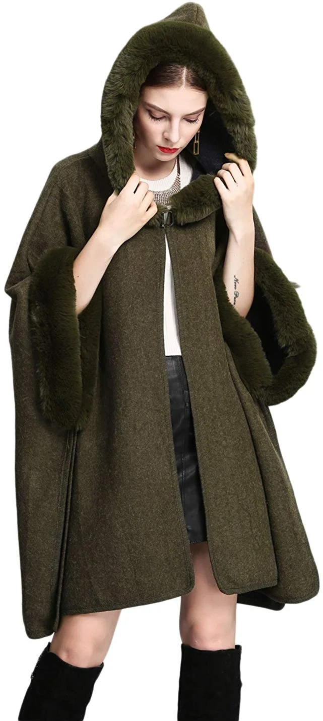 Women's Batwing Faux Fur Hooded Cloak Poncho Cape