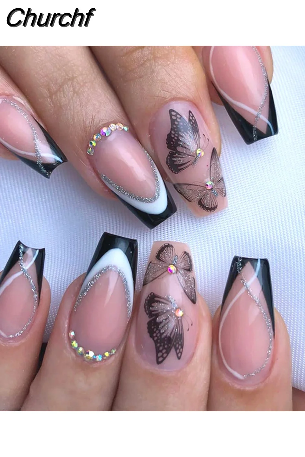 Churchf Middle Length Ballerina Glitter Pink Color False Nails Design ...