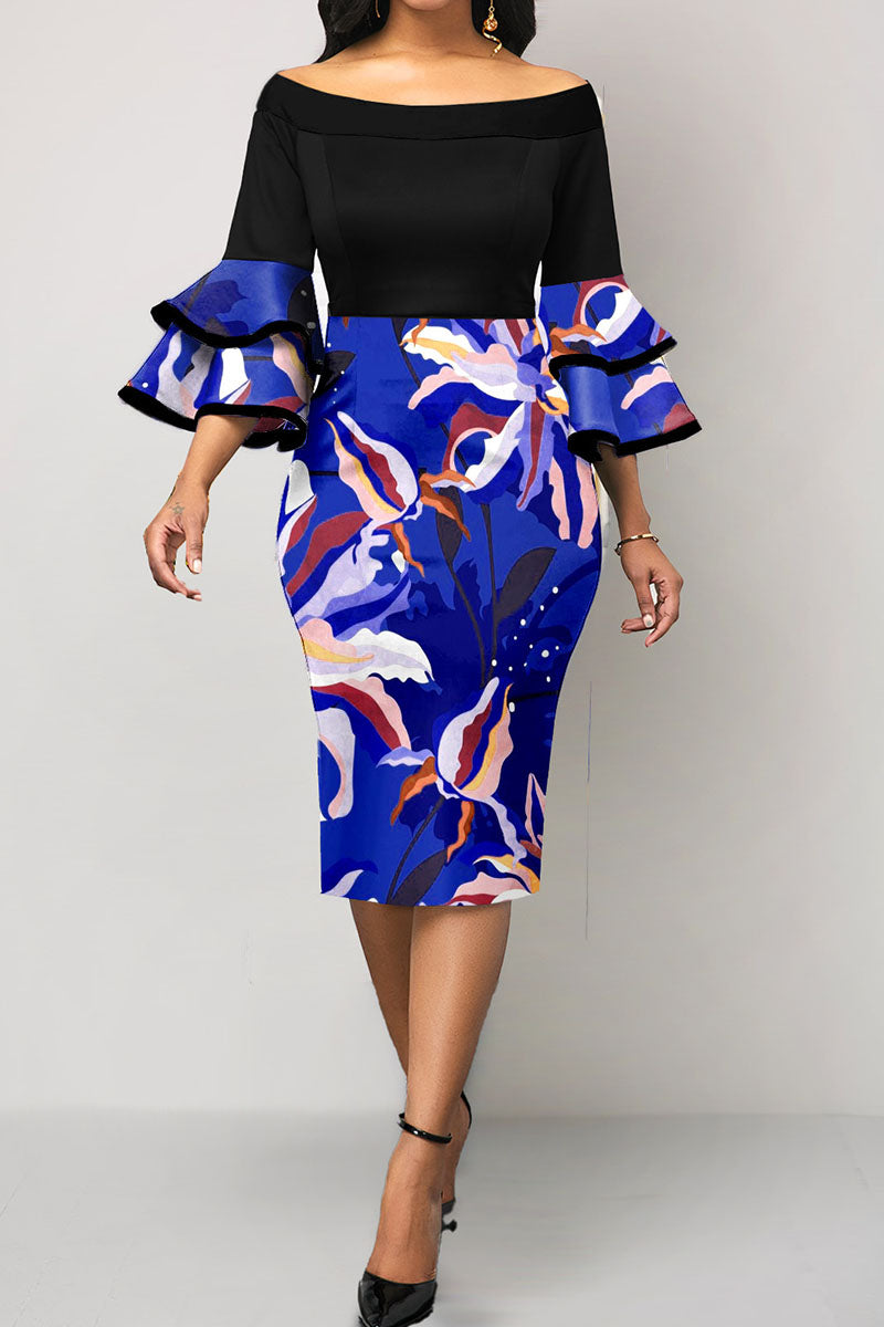 Sexy Print Patchwork Off the Shoulder One Step Skirt Dresses