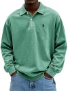Men's Retro Washed Distressed Cotton Lapel Long Sleeve Polo Shirt