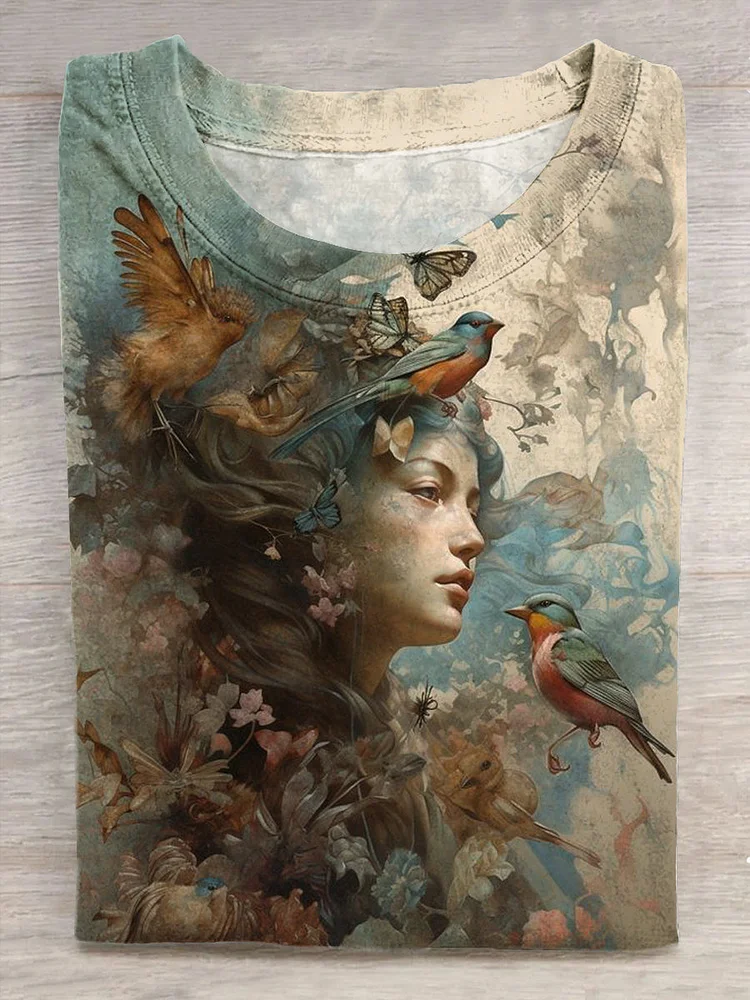 Unisex Floral Face Bird Art Abstract Print T-Shirt