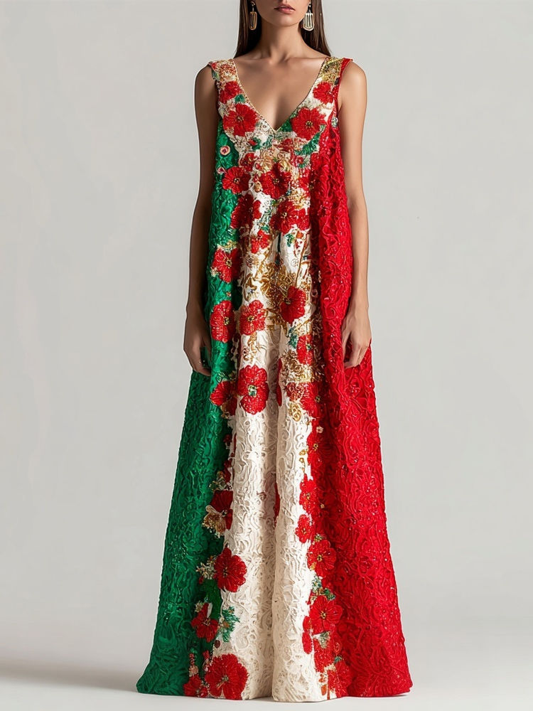 Iranian Flag Color Flowers Embroidered Linen Maxi Dress