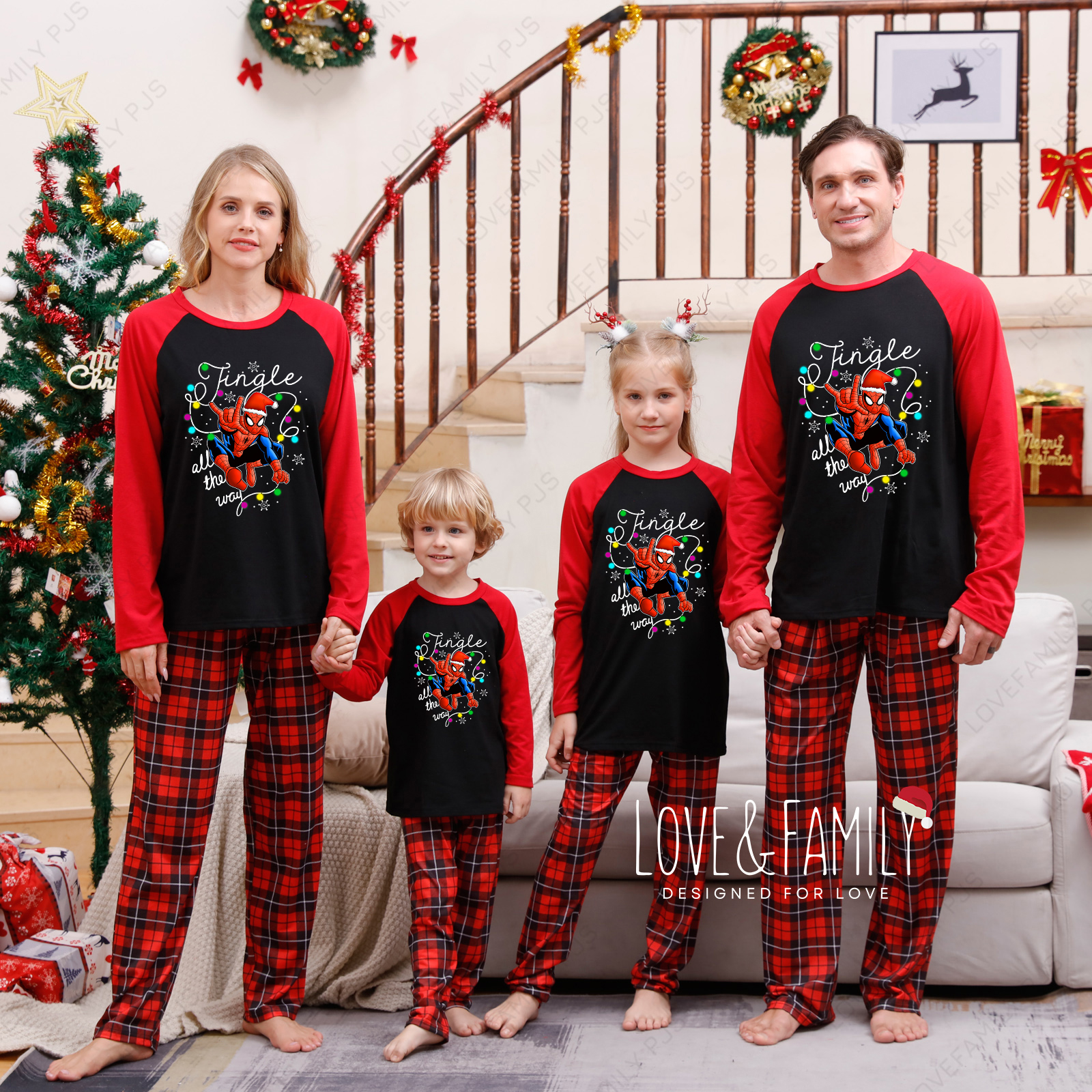 Jingle All The Way Red Plaid Spider-Man Christmas Matching PJs