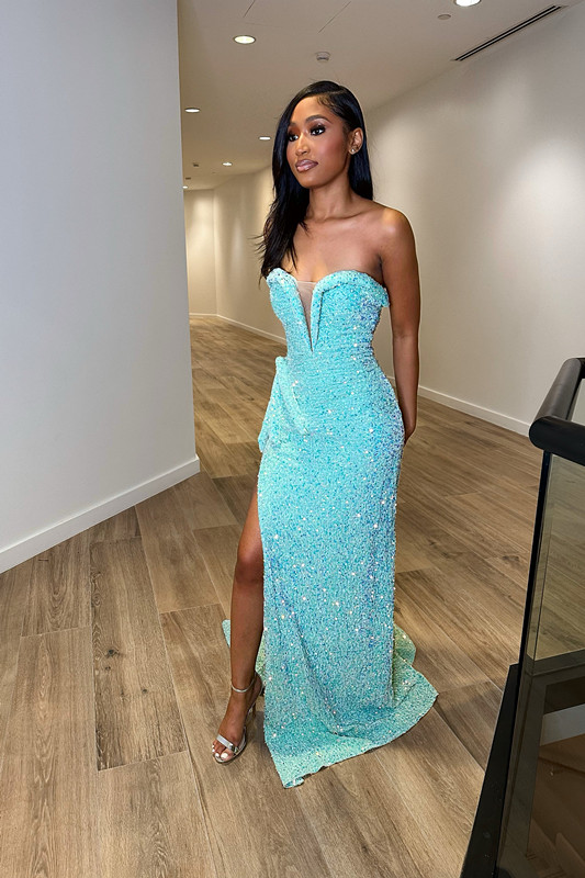 Miabel Shining Strapless Light Blue Split Sequins Prom Dress