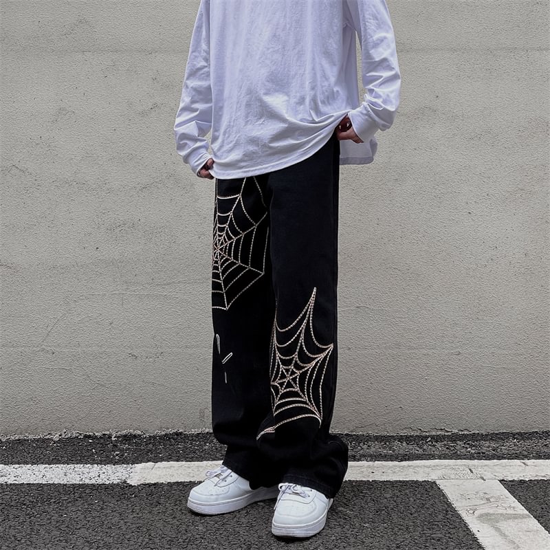 HIGH STREET SPIDER WEB EMBROIDERED WIDE LEG JEANS