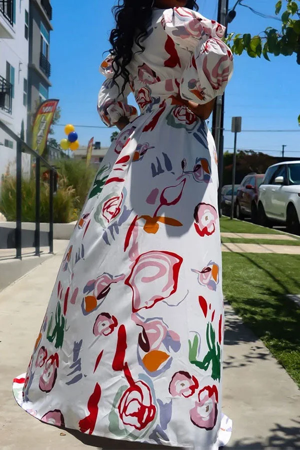 Graffiti Print Cute Puff Sleeve High Split Maxi Dress