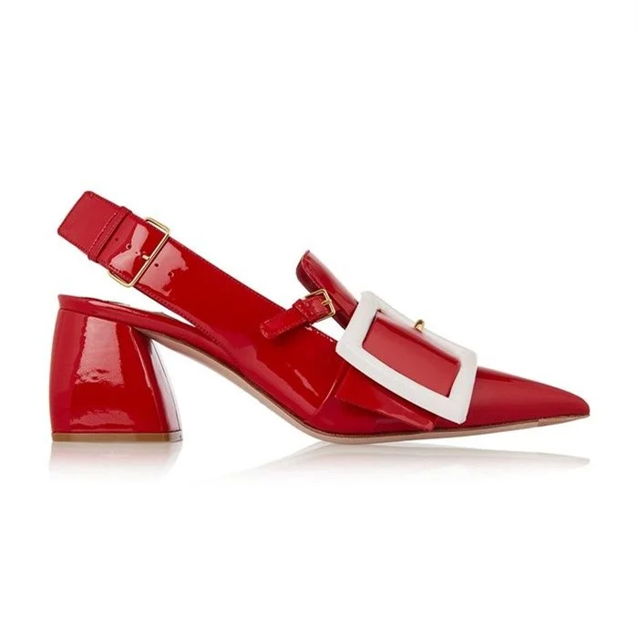 Red Patent Leather Pointed Toe Buckle Slingback Chunky Heels Vdcoo