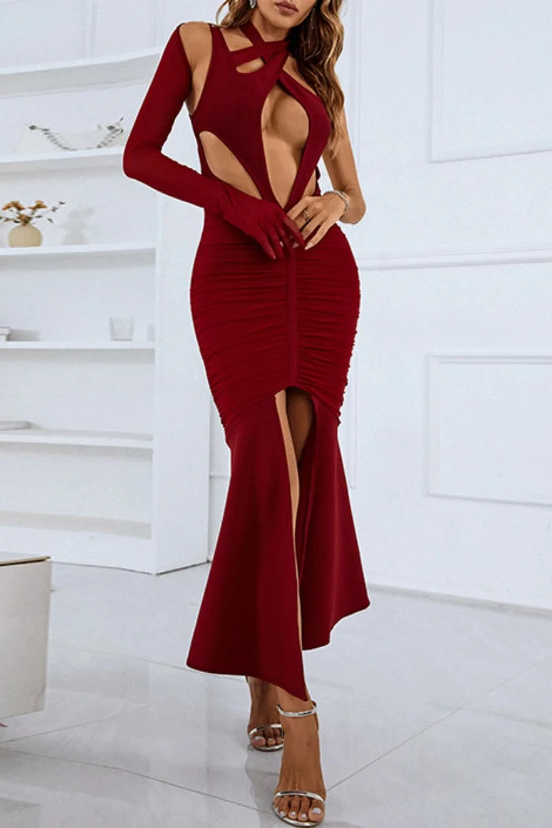 Sexy Solid Hollowed Out Fold V Neck Irregular Dress Dresses
