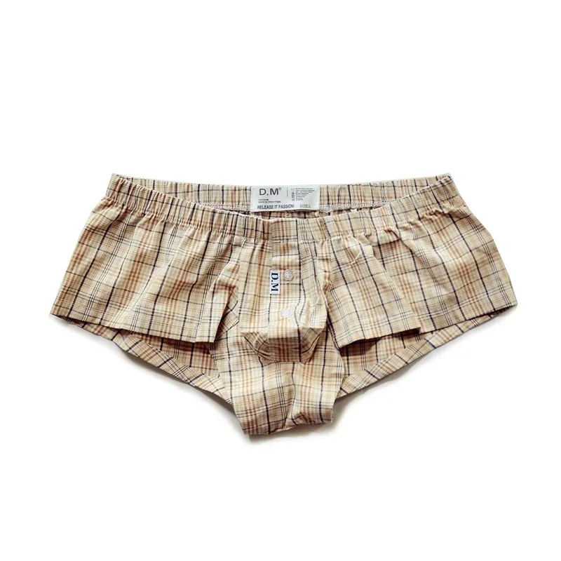 Men's Plaid Front Pouch Button Cotton Boxer Briefs