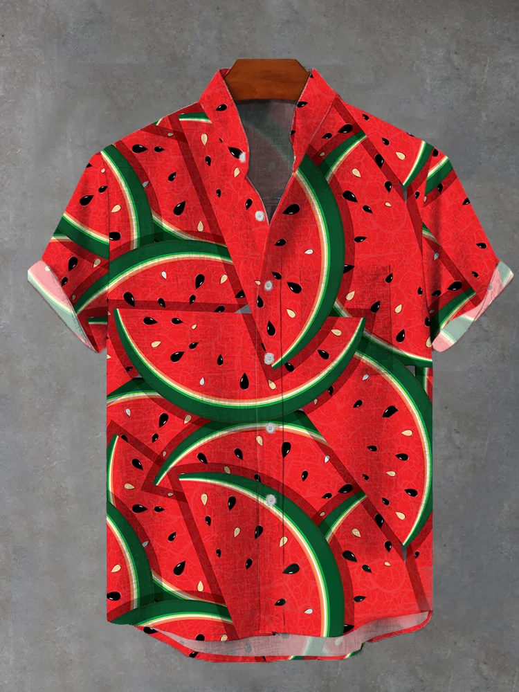 Hawaiian Cool Red Watermelon Stand Collar Shirt