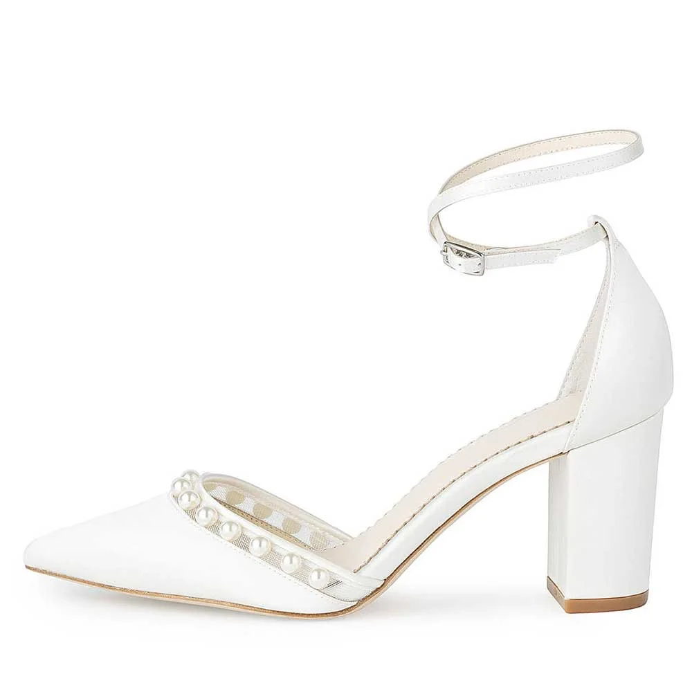 White Satin Pointed Toe Pearl Embellished Ankle Strap Bridal Heels