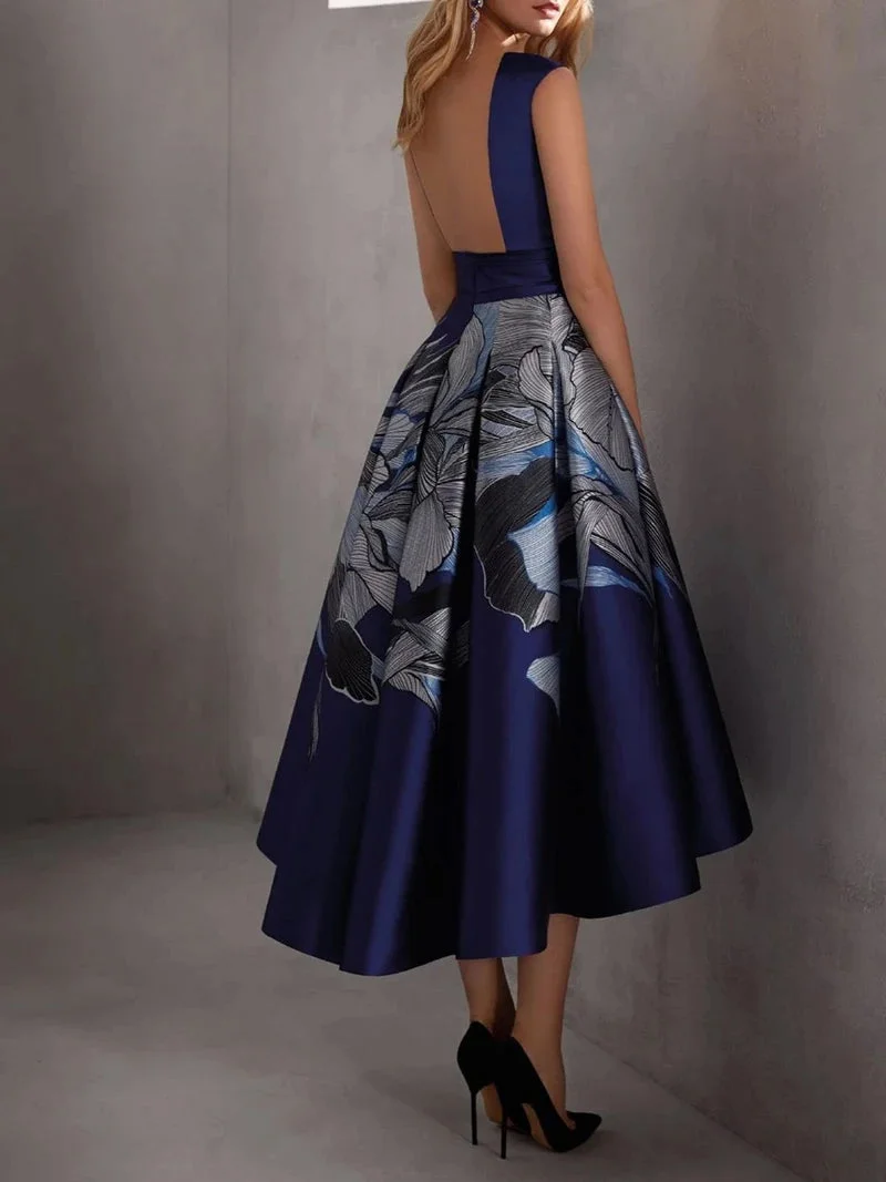 Asymmetric Printed A-Line Prom Party Elegant Backless Midi Dress