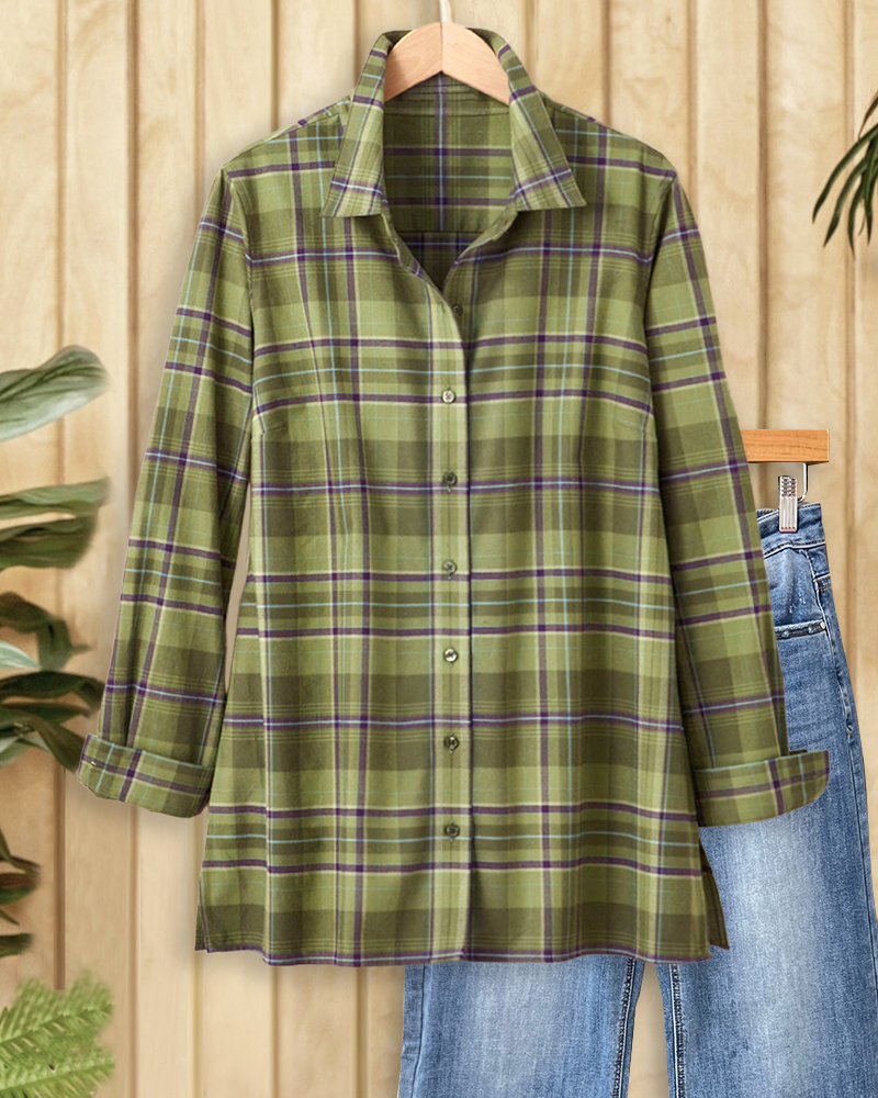 Plaid Button Front Side Slit Laid Back Shirt