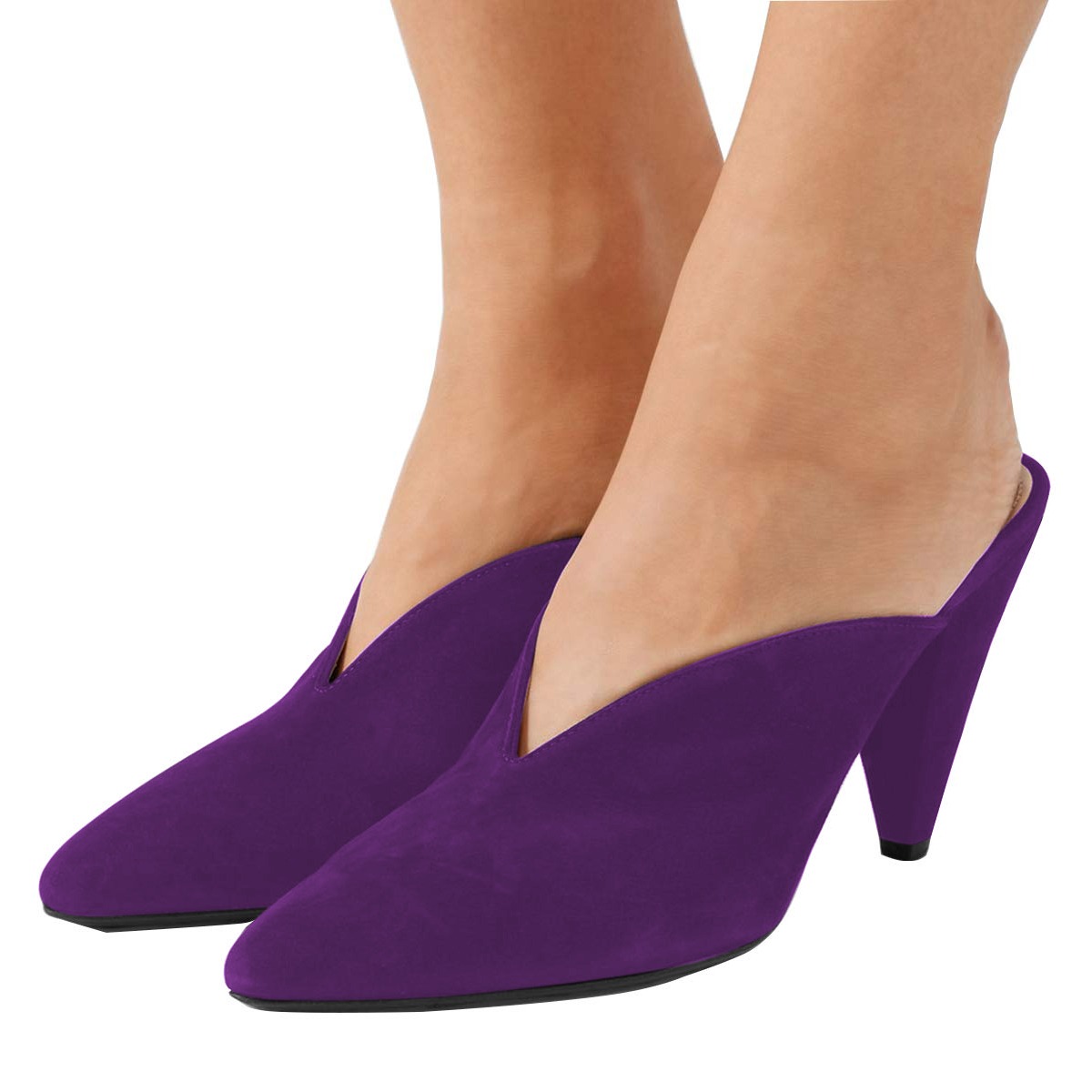 Dark Purple V-Cut Slide Sandals Cone Heel Slip On Mules Sheos