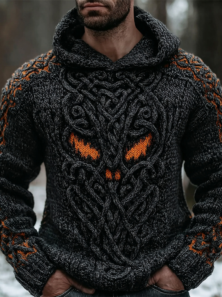 Viking Evil Pumpkin Pattern Men's Chunky Knit Hooded Sweater