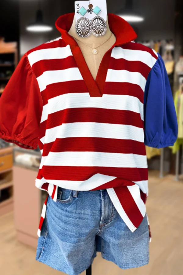 Colorful Striped Collared Puff Sleeve Top
