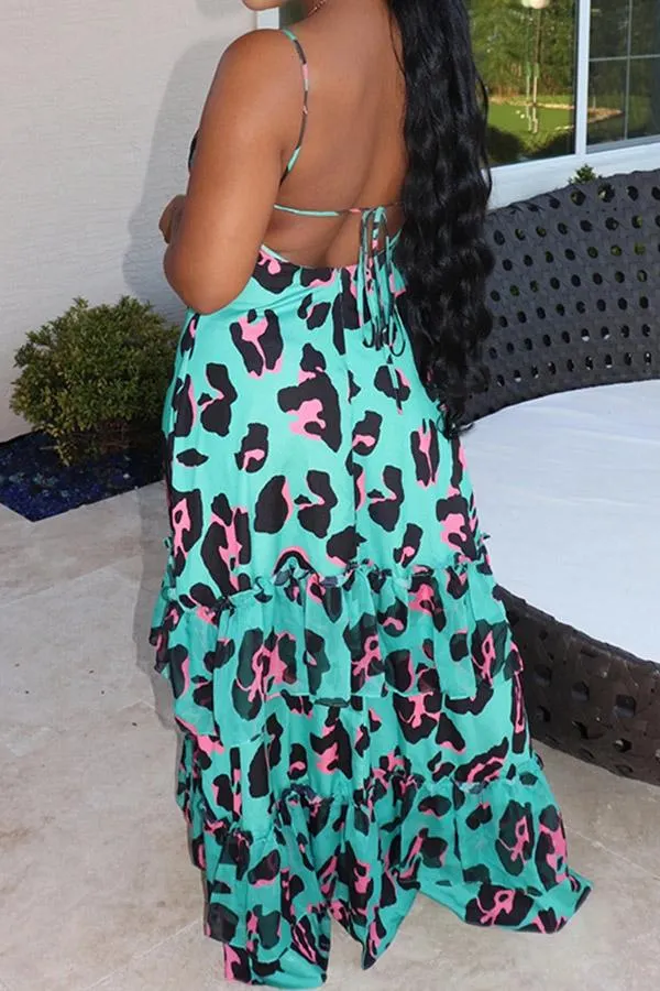 Contrast Leopard Print Layered Ruffled Strap Maxi Dress