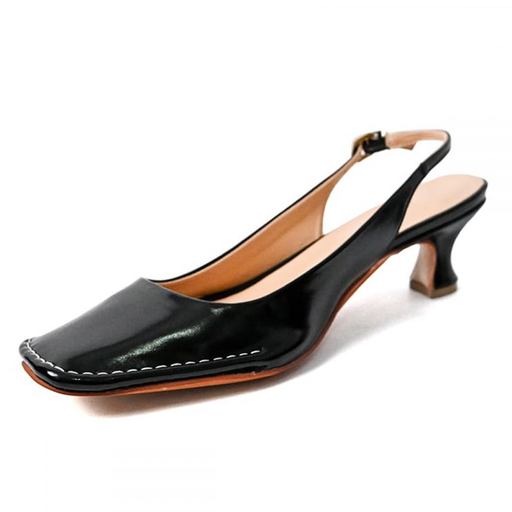 Black Vegan Leather Square Toe Spool Heel Slingback Pumps