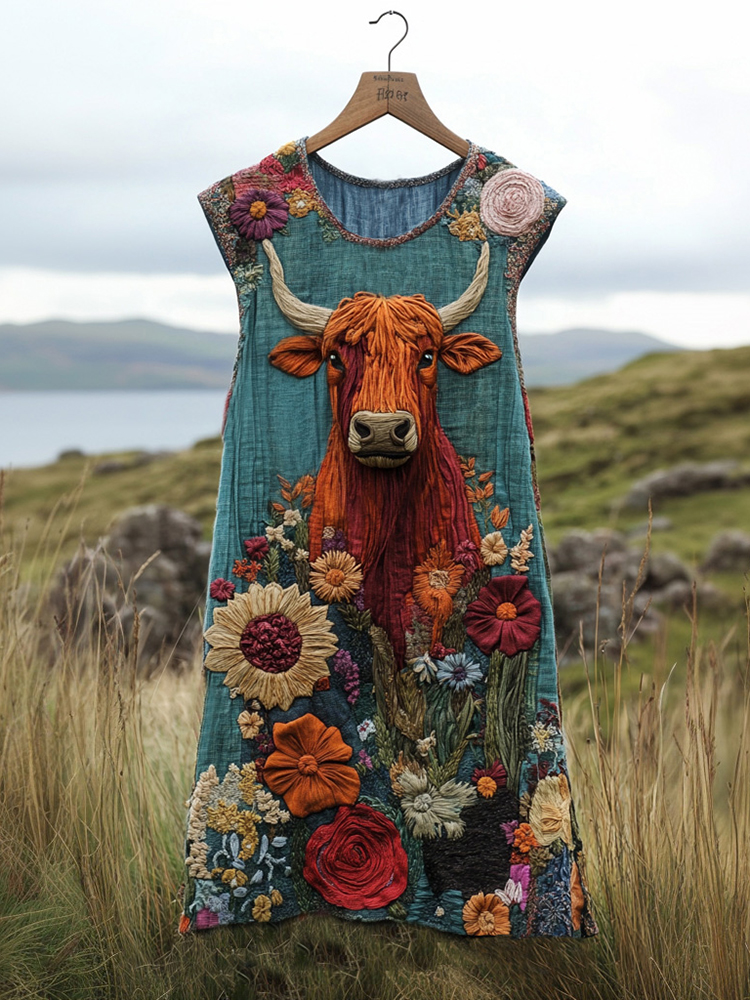 Vintage Floral With Highland Cow Embroidered Cozy Linen Midi Dress