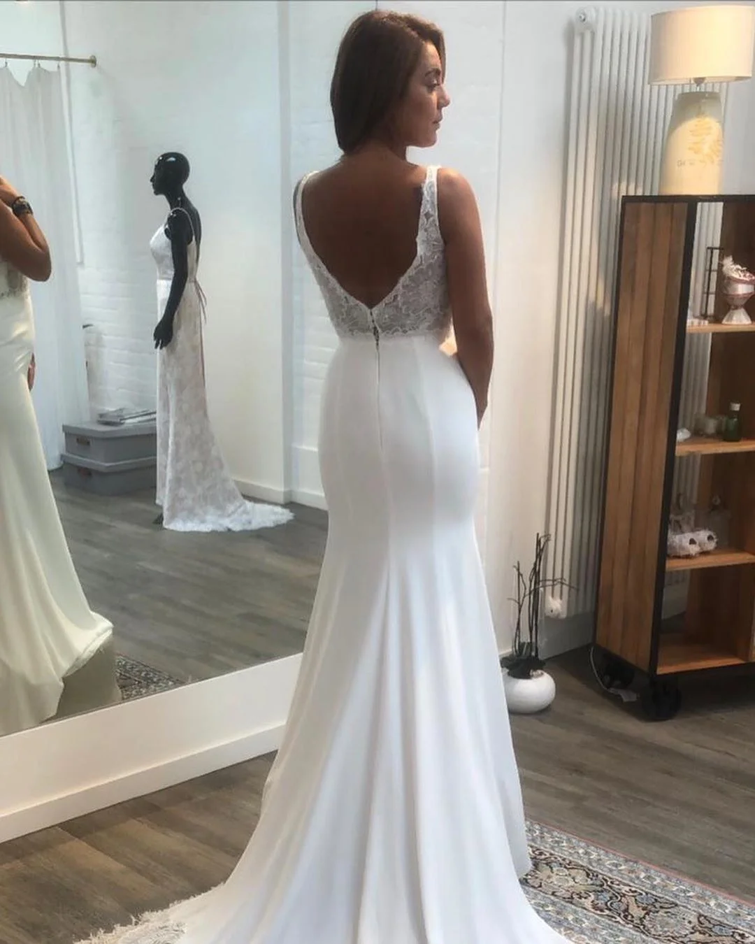 V Neck Open Back Spaghetti Straps Mermaid Wedding Dress Floor Length