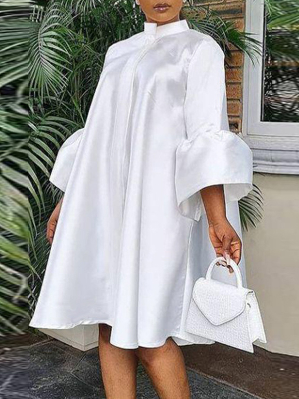 City Sophistication: Flared Sleeve Stand Collar Midi Dress with Urban ...