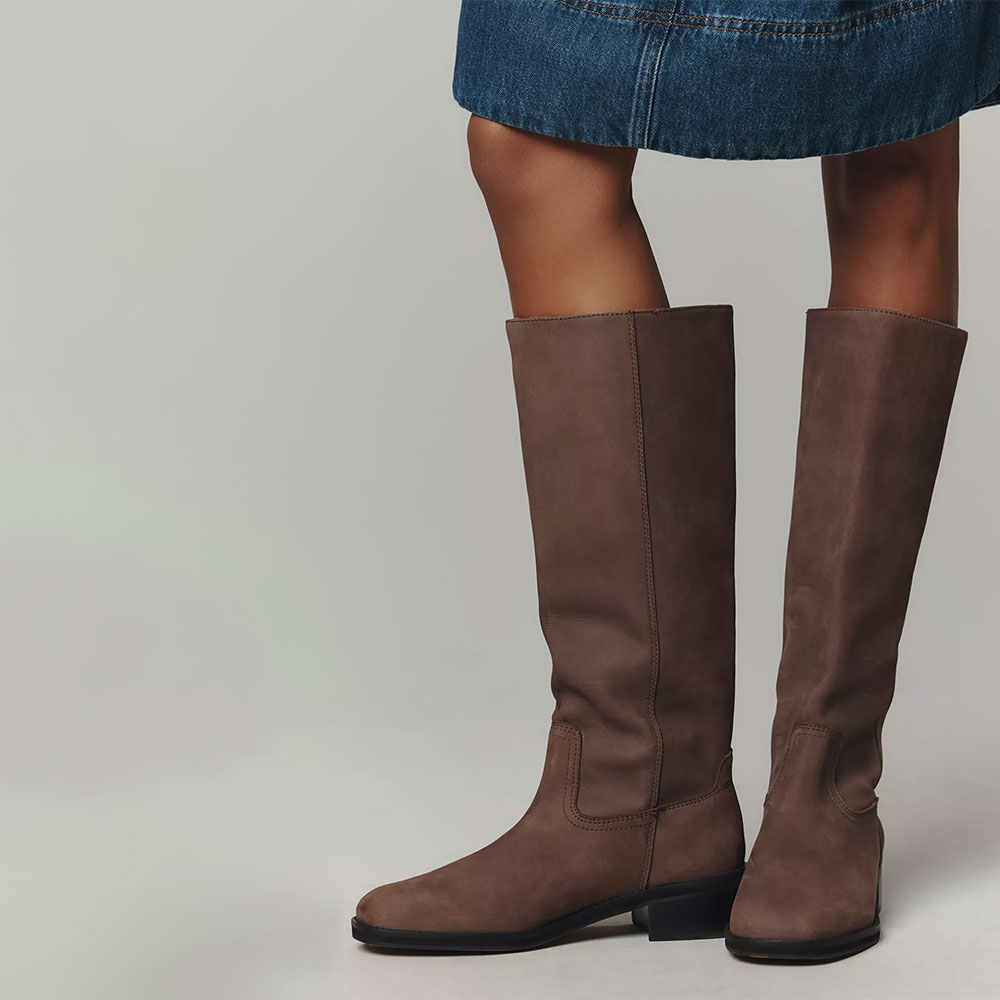 Closed Round Toe Chunky Heel Pull On Tall Boots for Women in Brown