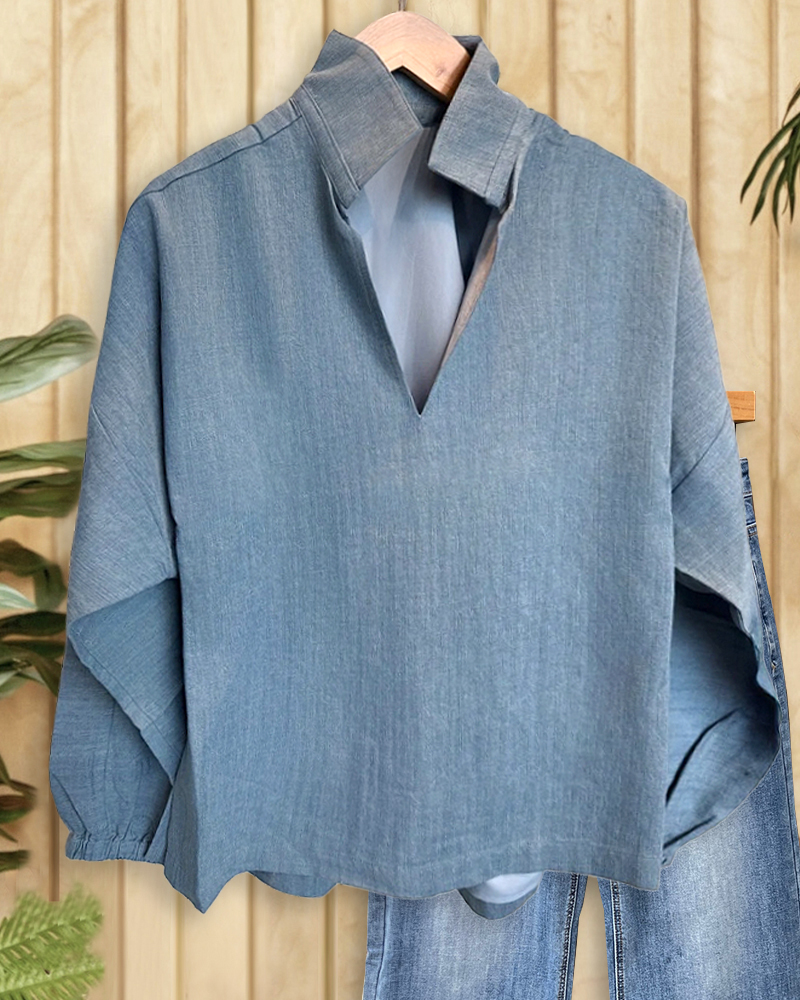 Solid Color V Neck Versatile Blouse