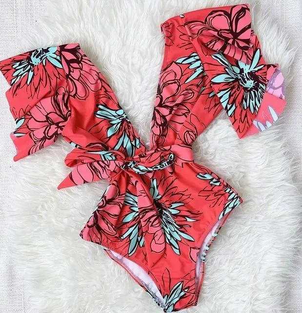 Sexy One Piece Swimwear Floral Deep-V Bathing Suit