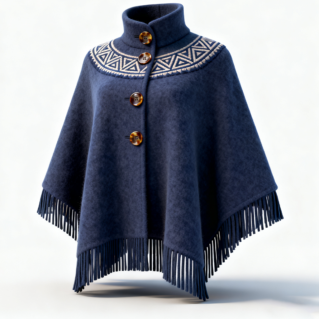 Women's Elegant Navy Blue Cape With Geometric Embroidery And Fringe Details