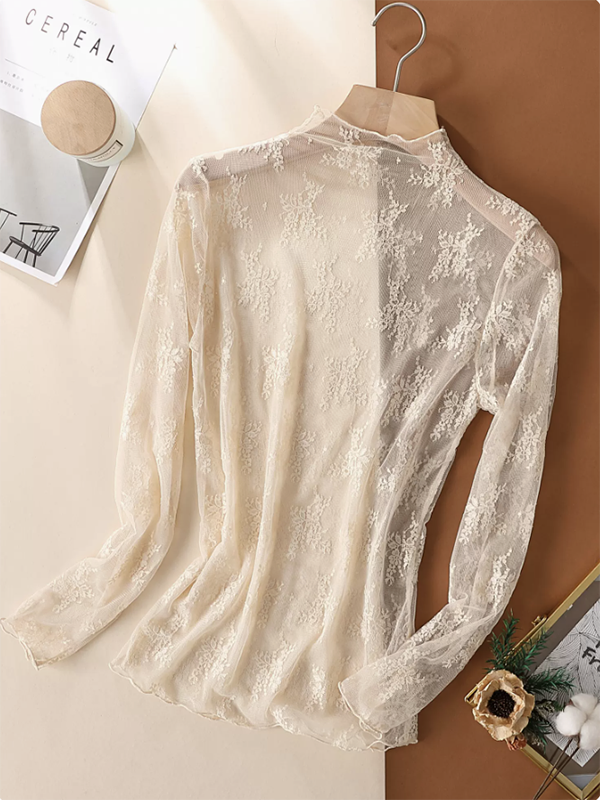 Casual Loose Mesh Solid High-Neck Blouses&Shirt Top