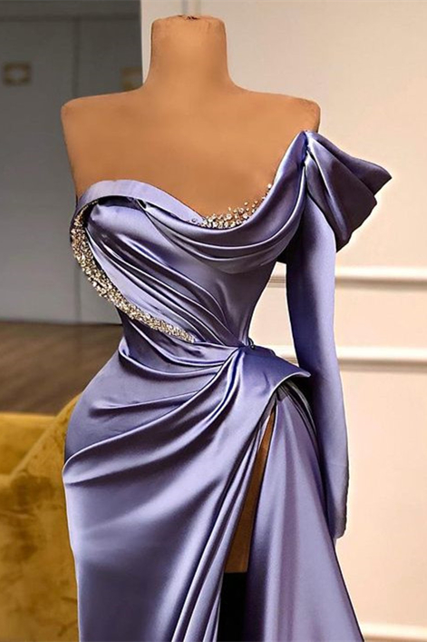 Daisda One-Shoulder Purple Long Sleeves Beadings Evening Dress Split Mermaid