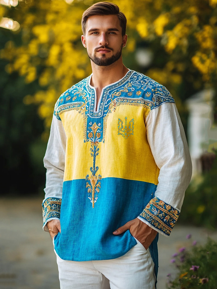 Men's Ukrainian Embroidered Trident Contrast Shirt 31.99