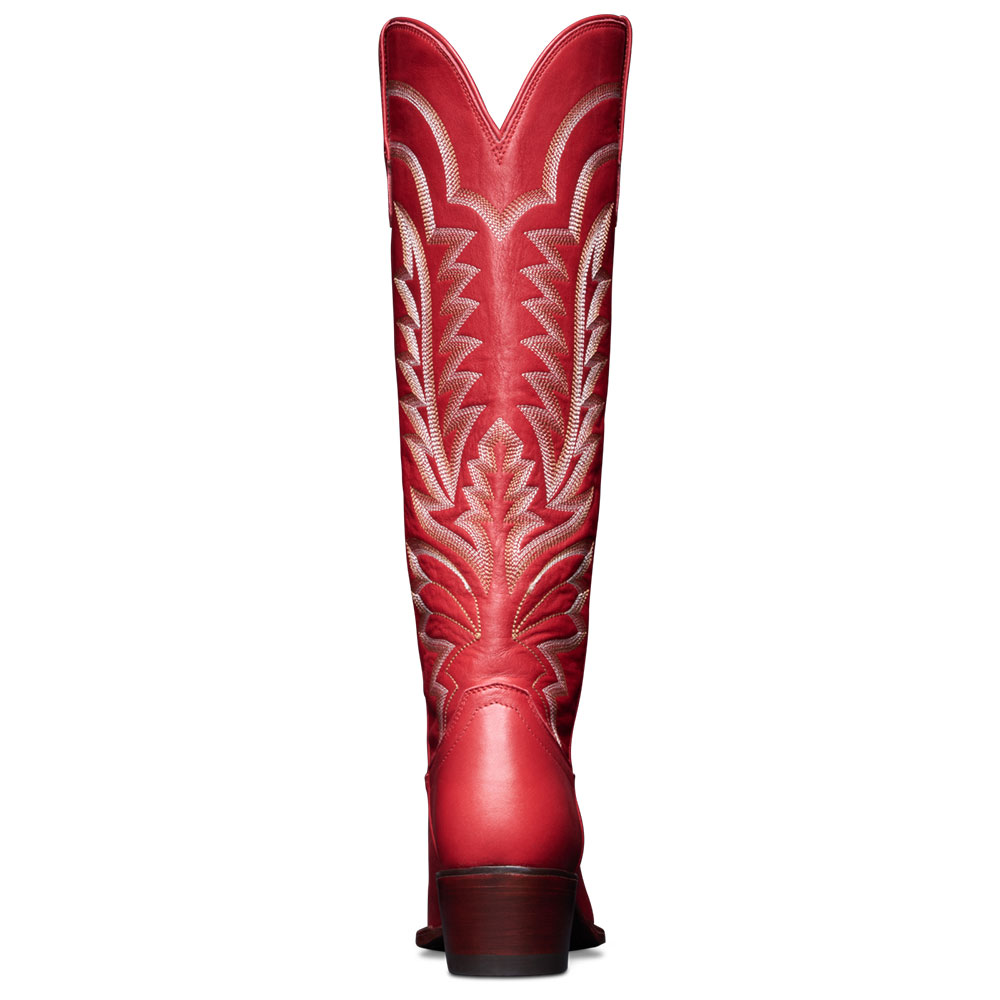 Red Pointed Toe Chunky Heel Embroidered Knee High Cowgirl Boots