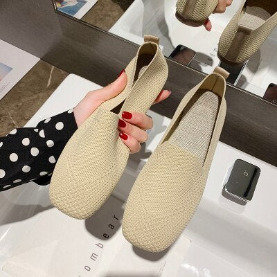 2021 Plus Size Spring New Ballet Flats Women Square Toe Knit Fabric ...