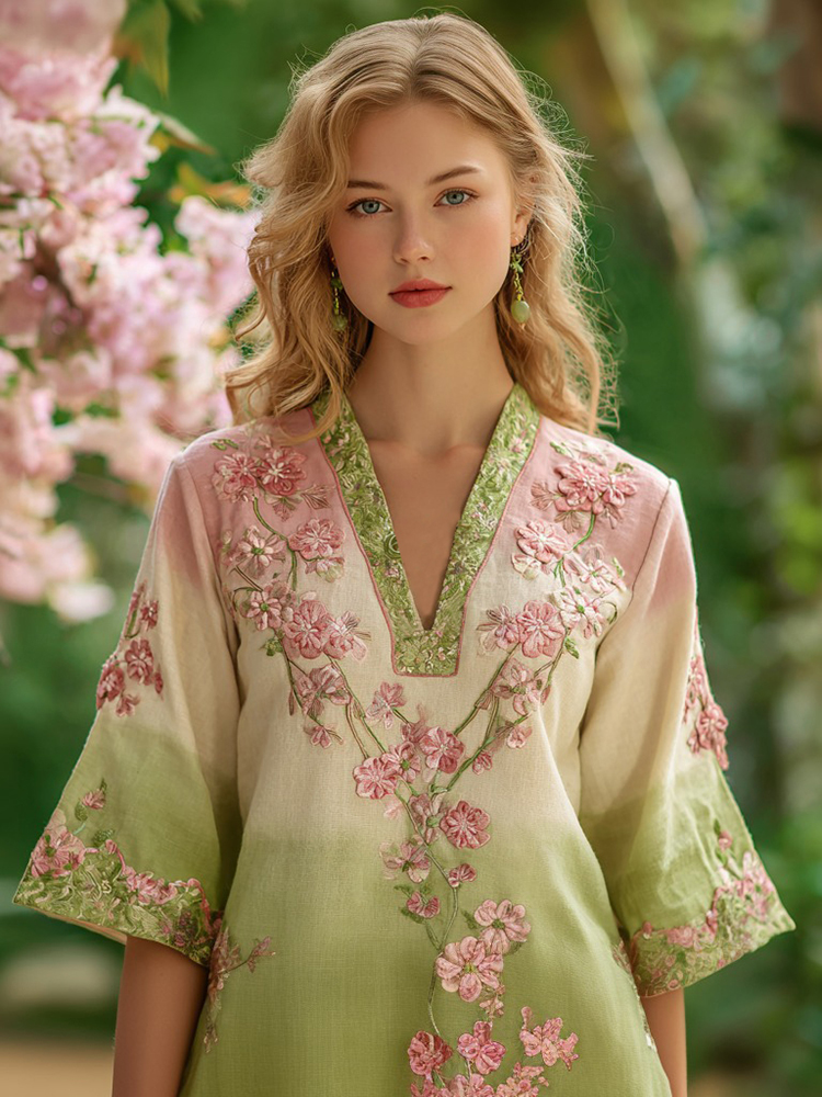 Vintage Cherry Blossoms Embroidery Linen Blend Shirt