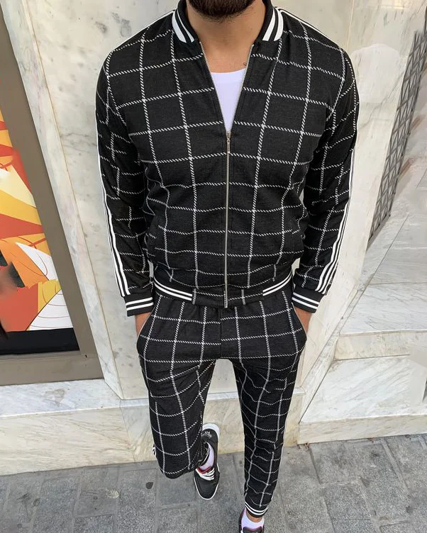Men's Black Classic Plaid Tracksuit Full Set -00033