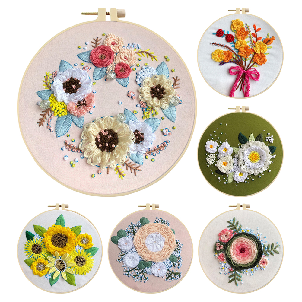 Flower Stamped Cross Stitch Embroidery Kits with Hoop Cloth Color Thread