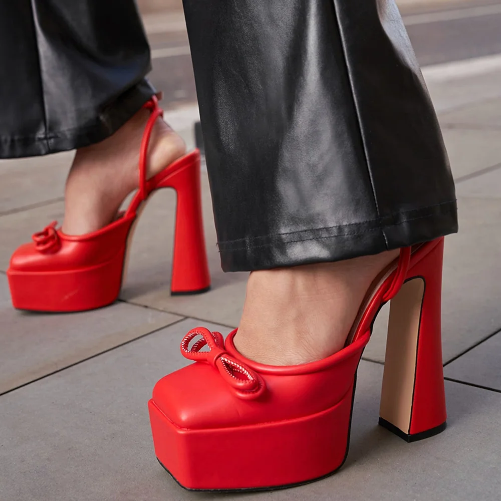 Red Square Toe Chunky Heel Ankle Strap Slingbacks with Platform