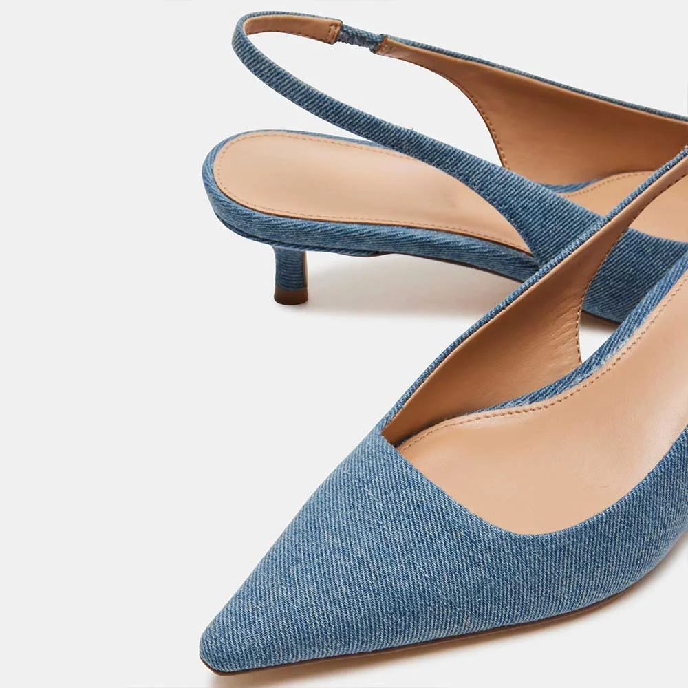 Blue Denim Pointed Toe Kitten Heel Classic Slingback Pumps