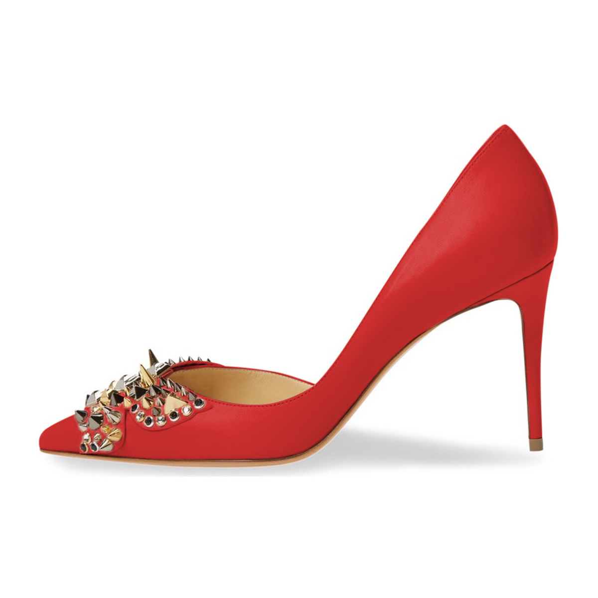 Red Pointy Toe Stiletto Pumps with 4 inch Heels and Rivets Vdcoo