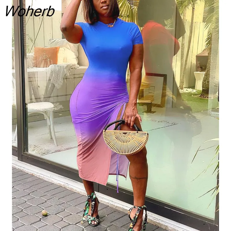 Woherb Women Midi Dress Gradient Color Shirring Splited Sheath Ealstic ...