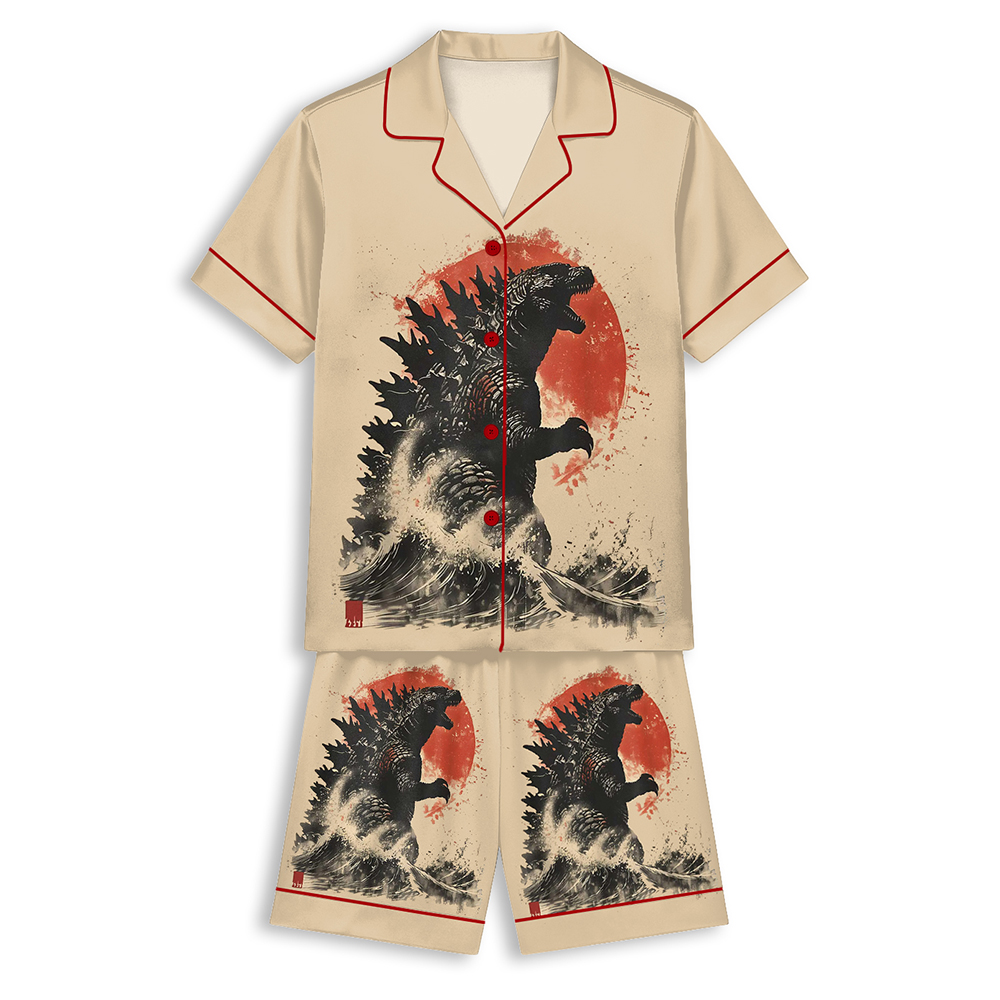 Tokyover Retro Japanese Godzilla Great Wave Unisex Short Sleeve Satin ...
