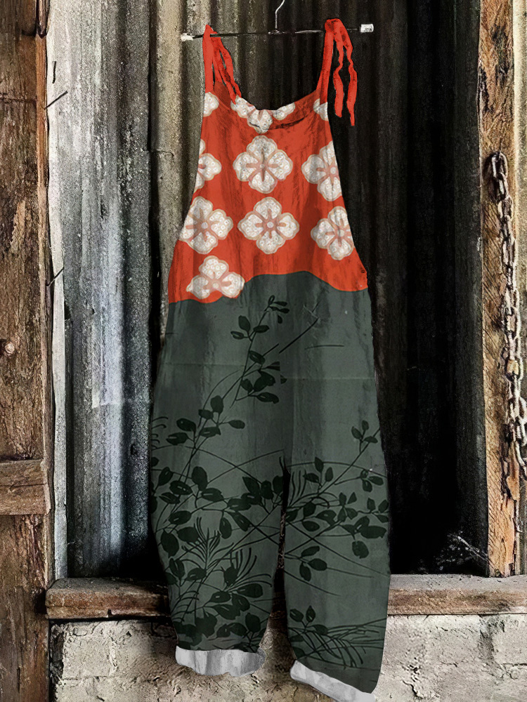 Japanese Art Flower Print Casual Jumpsuit