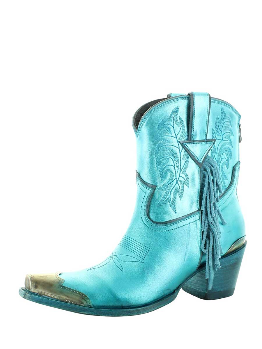 Metallic Turquoise Snip Toe Booties Fringe Block Heel Cowgirl Boots