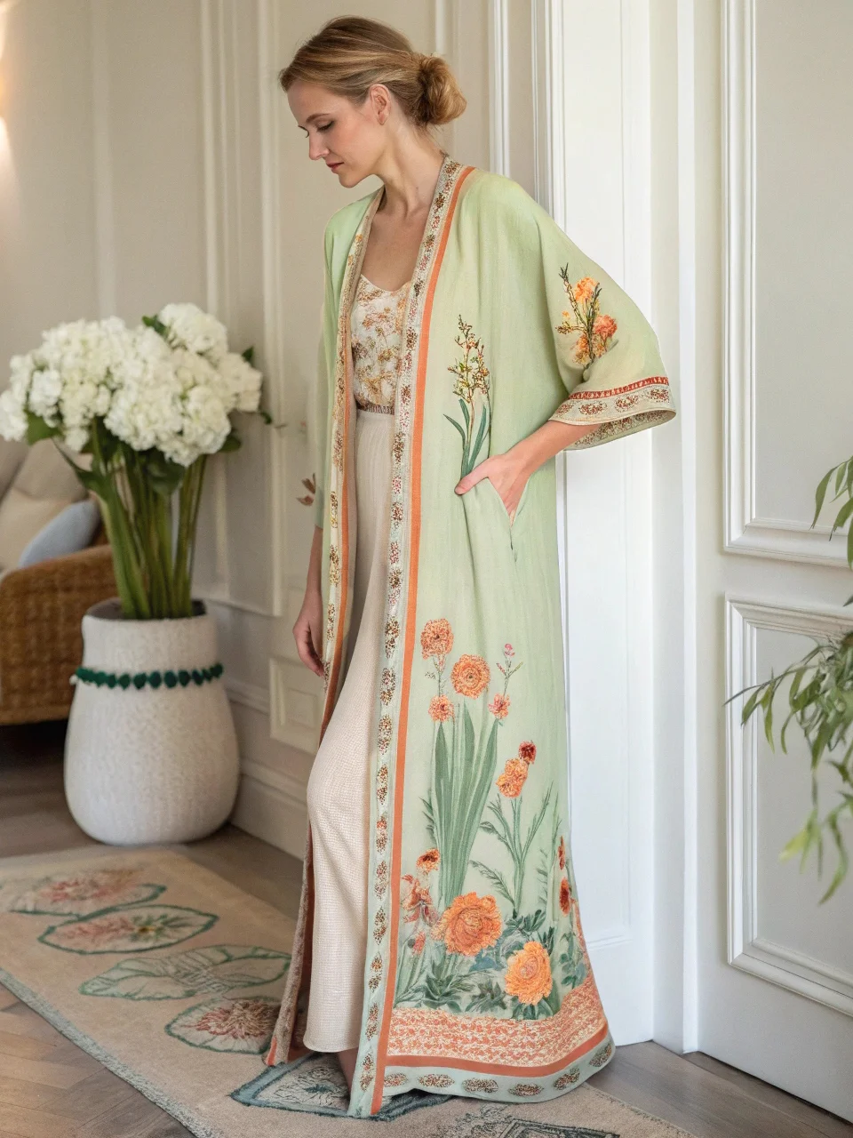Green Classic Story Cotton Cardigan Robe