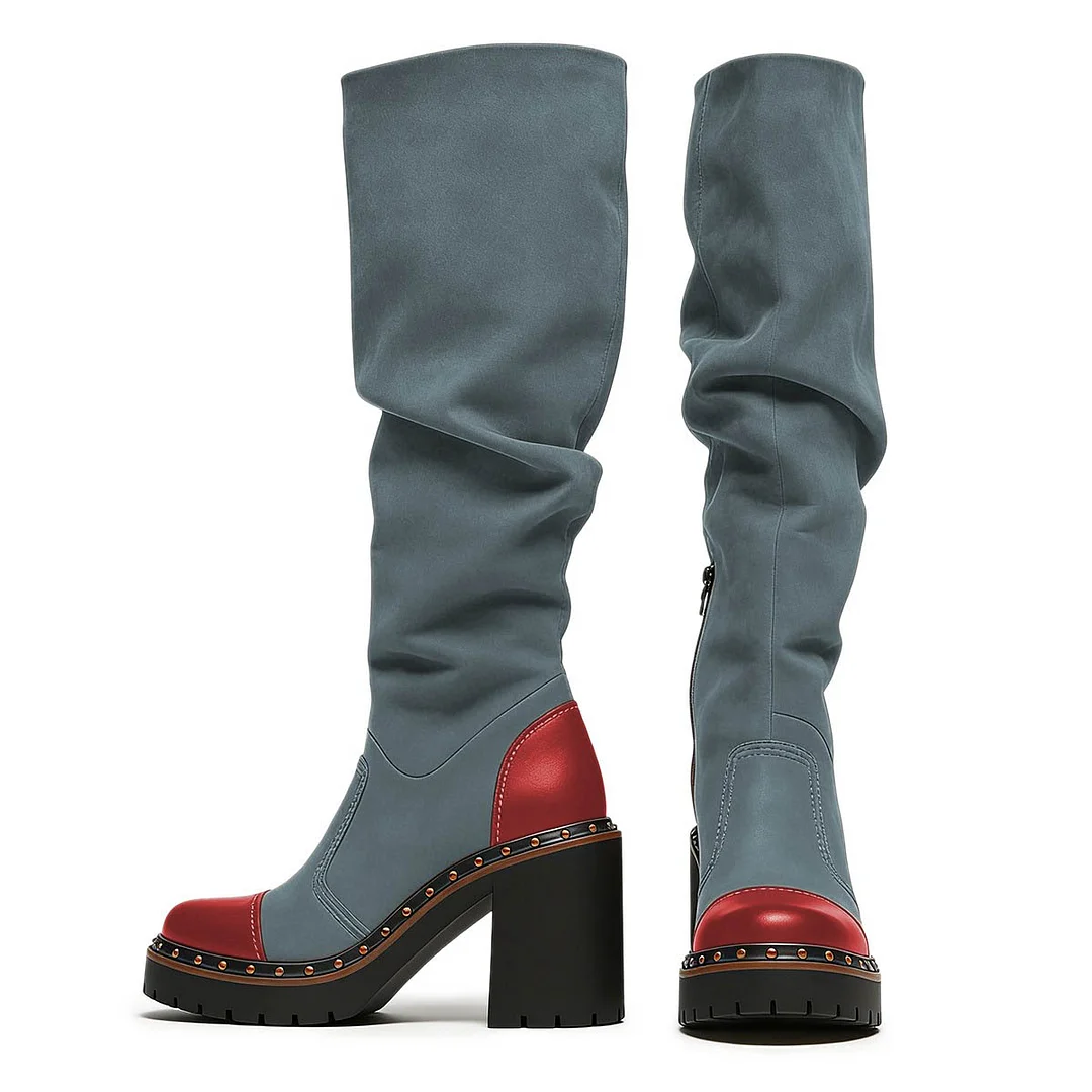 Dusty Blue Round Toe Studded Platform Tall Boots with Chunky Heel