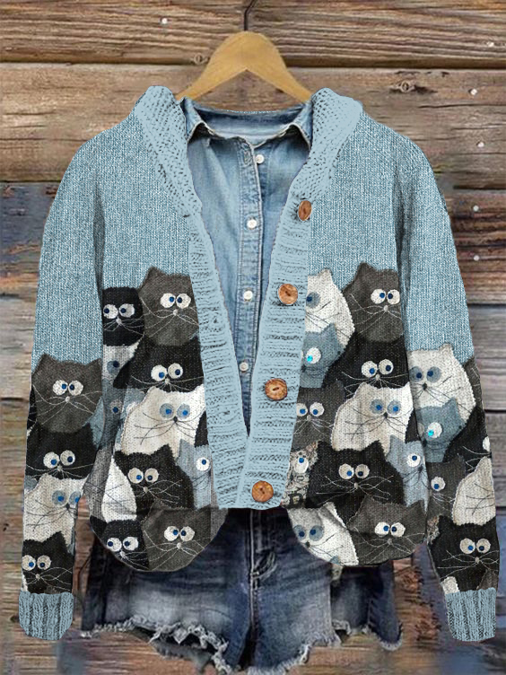 Denim Patchwork Cats Pattern Knit Cardigan